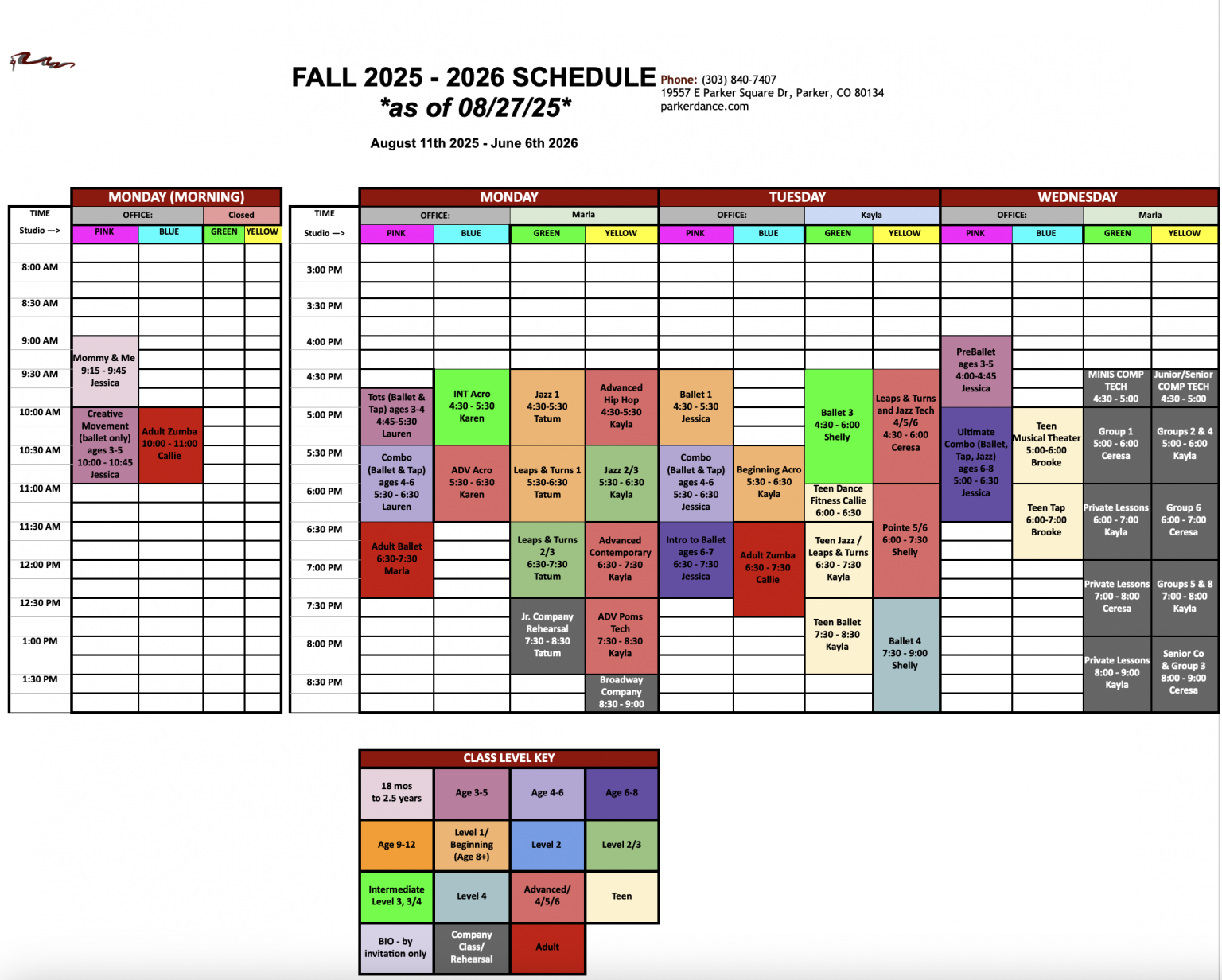 Fall Classes 2025 – Parker Dance Academy